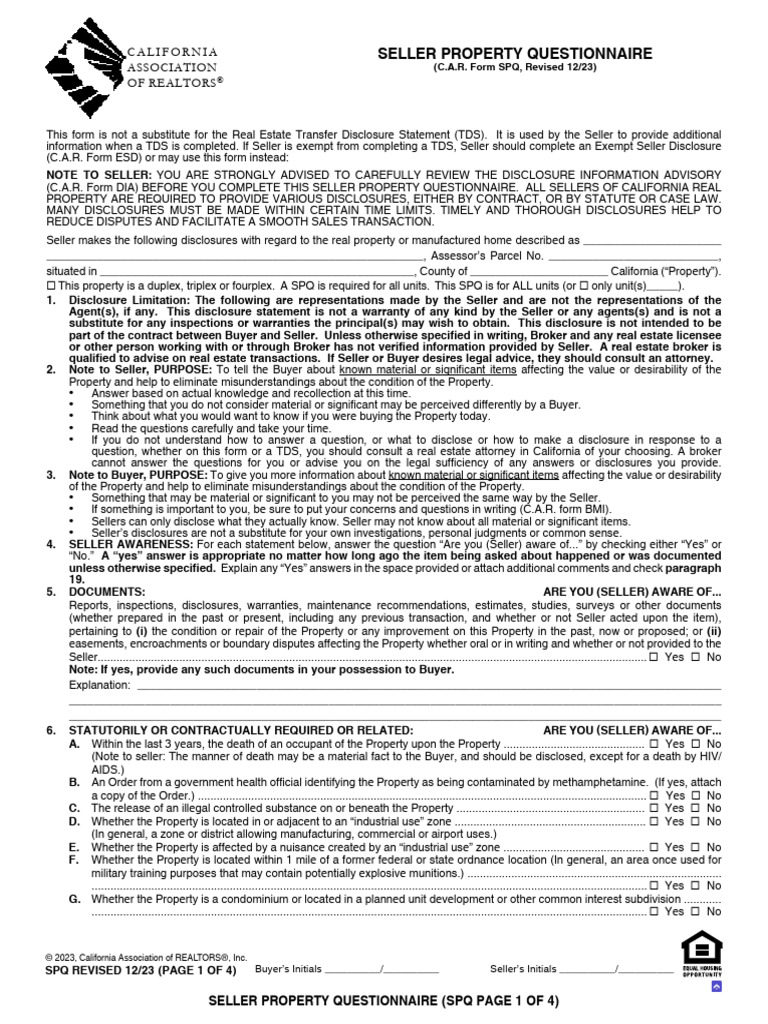 (SPQ) Seller Property Questionnaire | PDF | National Association Of ...
