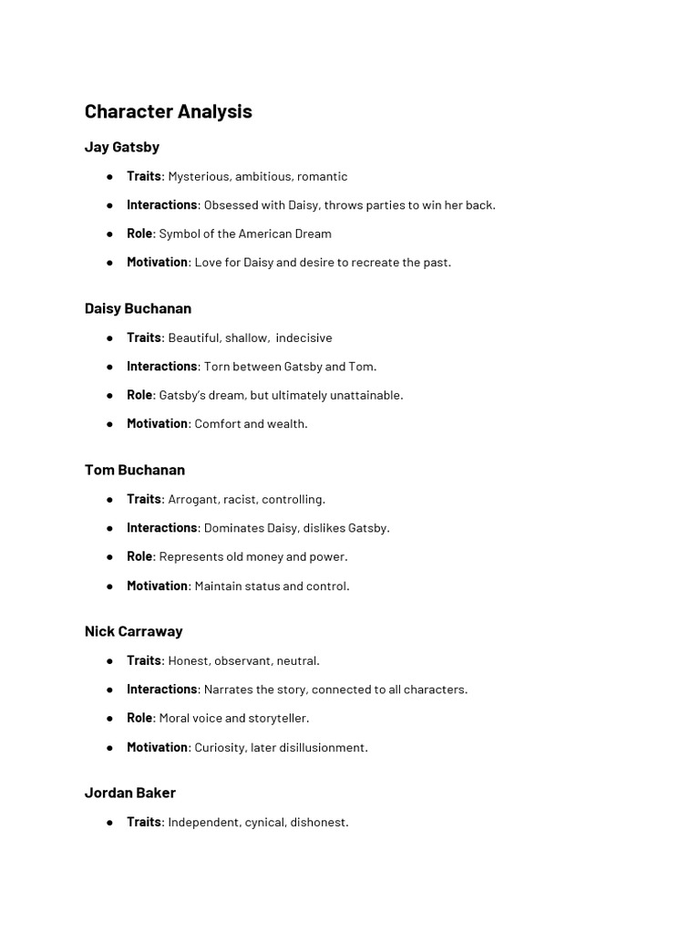 Character Analysis of The Great Gatsby | PDF