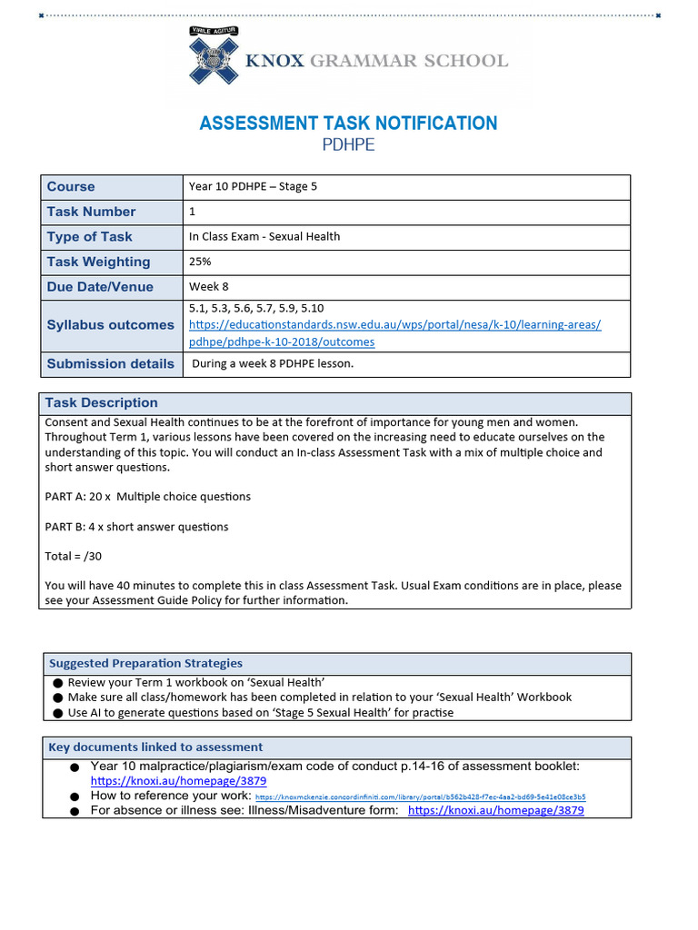 Year 10 PDHPE Task 1 Assessment Task - Sexual Health | PDF