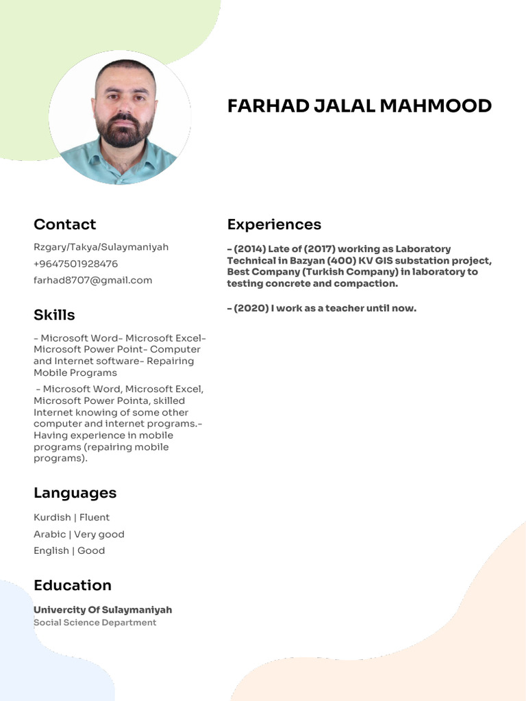 Farhad Jalal Mahmood (Job Title) | PDF