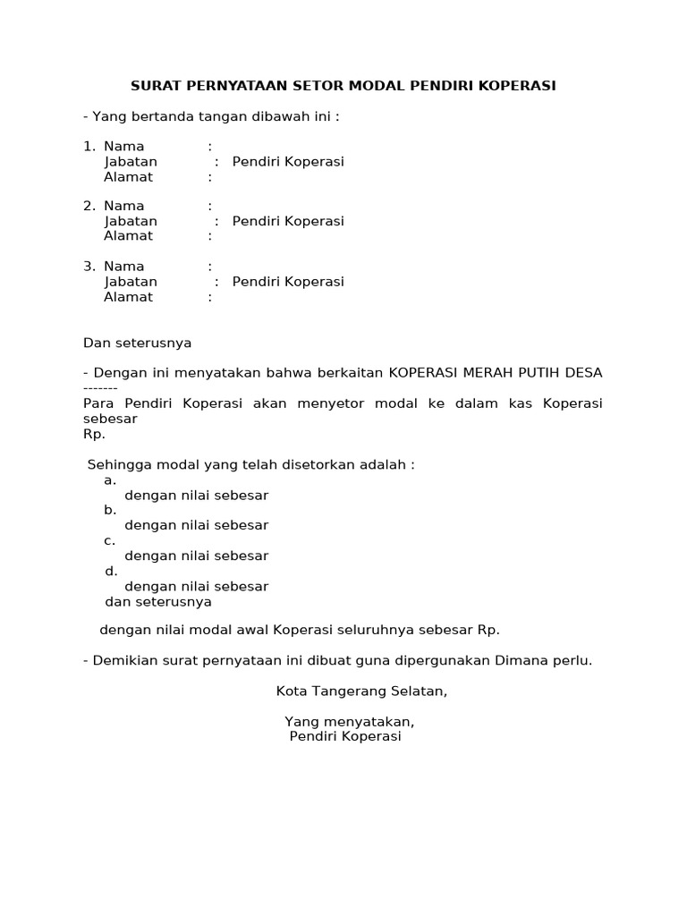 Lampiran 5 (Surat Pernyataan Setor Modal Pendiri Koperasi Dan ...