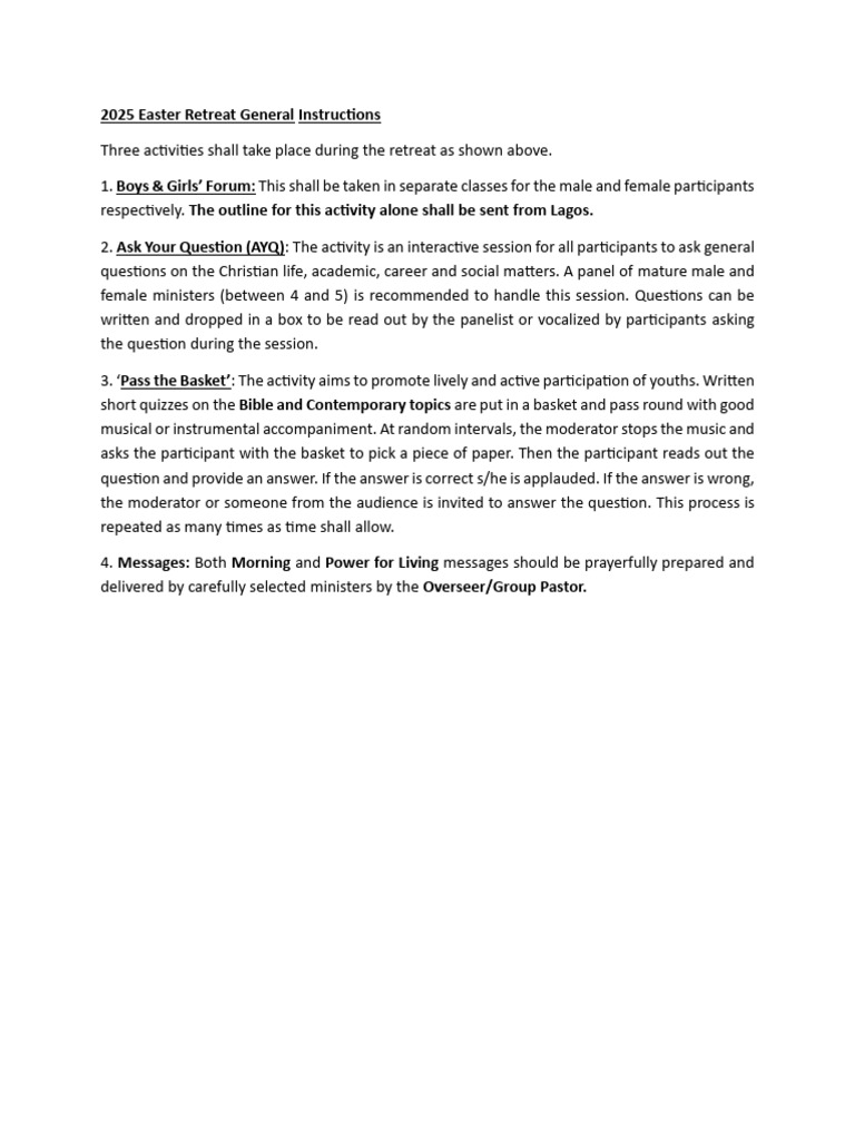 2025 Easter Retreat General Instructions | PDF
