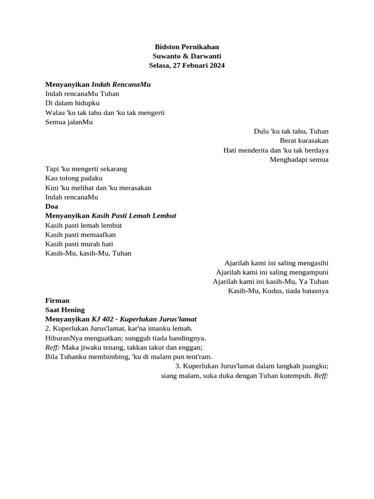 Liturgi Bidston Pernikahan Suwanto & Darwanti | PDF