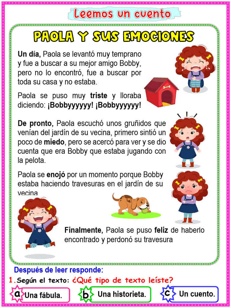 Ficha Leemos Paola y Sus Emociones Maestra Janet 2° | PDF