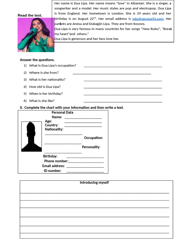 Dua Lipa: Biography and Worksheet | PDF