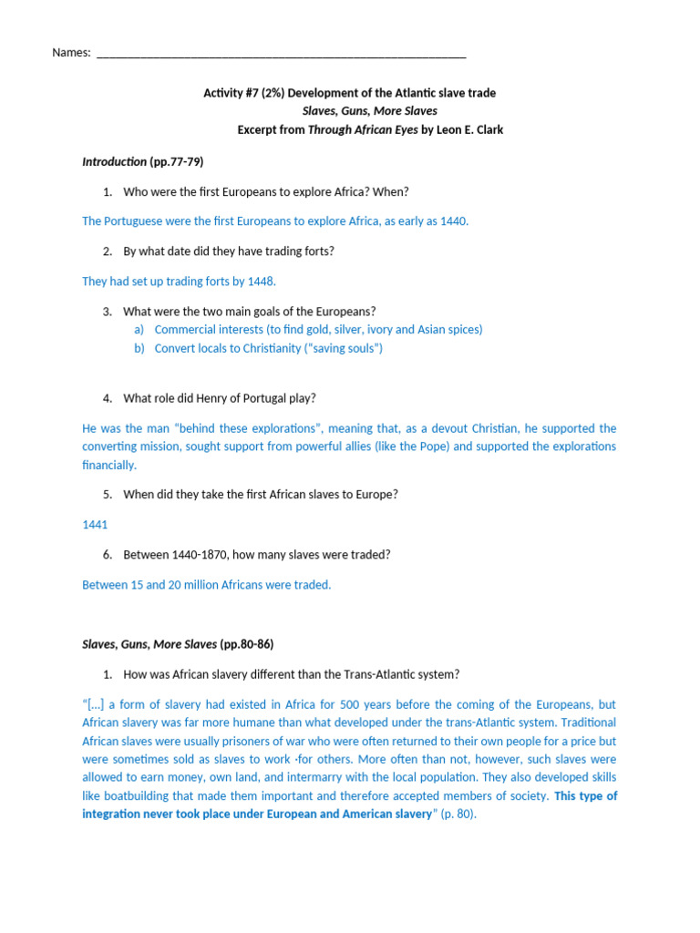 Activity 7 Slaves Guns and More Slaves ANSWERS | PDF | Atlantic Slave ...