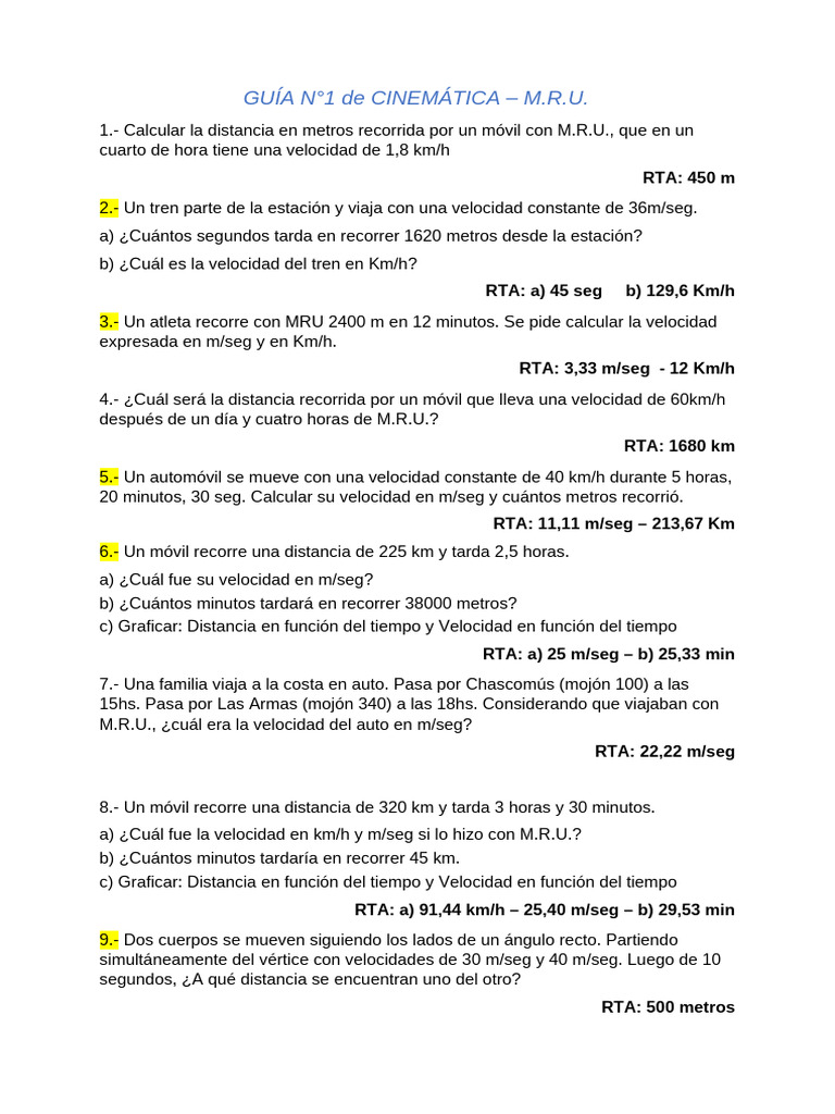 Ejercicios Resueltos de Cinemática M.R.U. | PDF | Velocidad