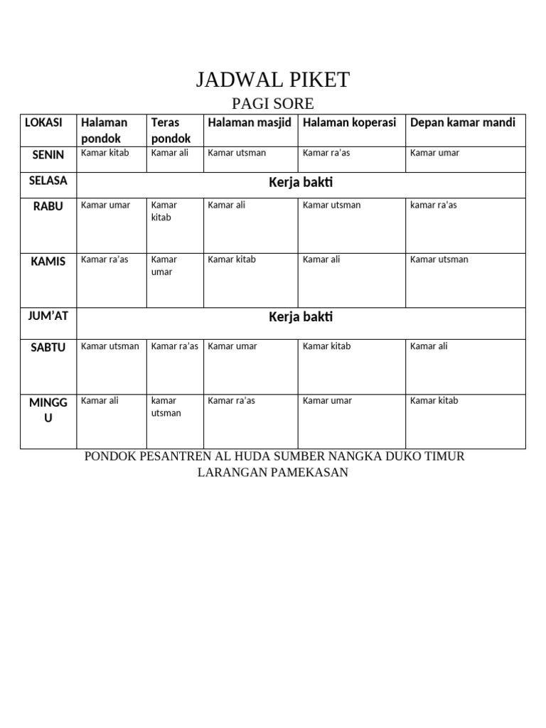 Jadwal Piket Asrama Putra | PDF