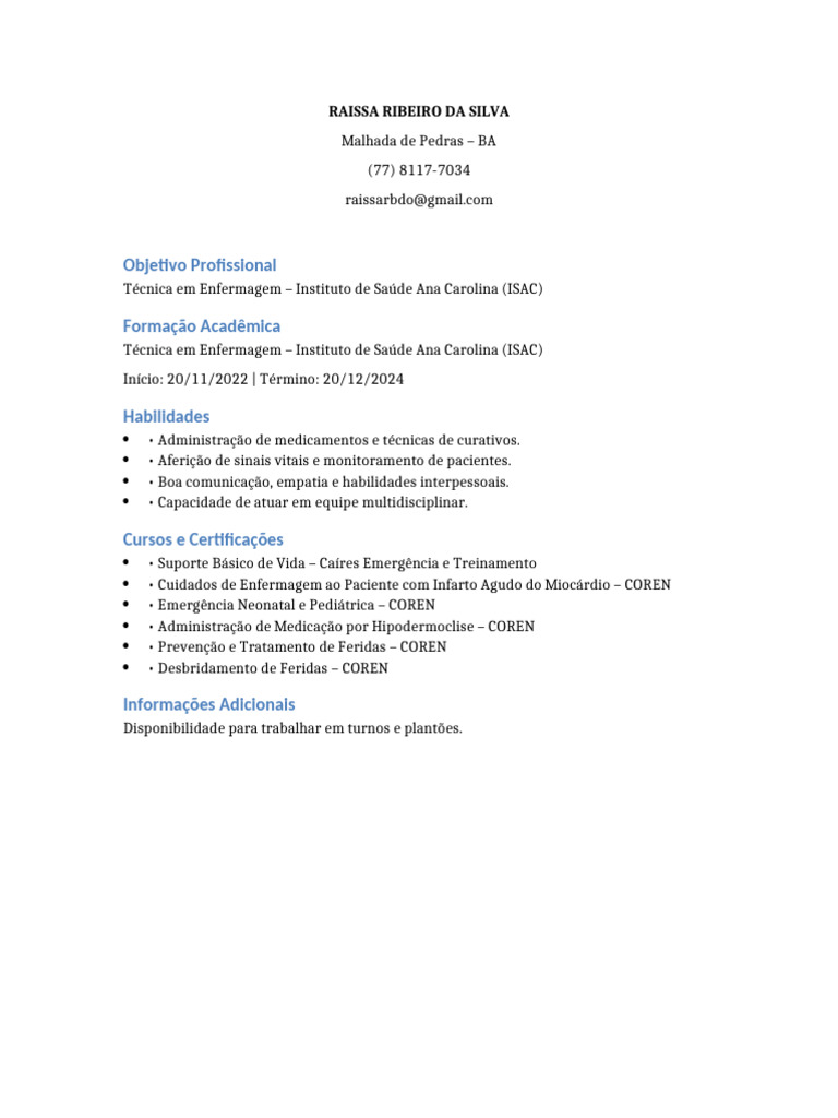 Curriculo Raissa Ribeiro Da Silva Atualizado | PDF