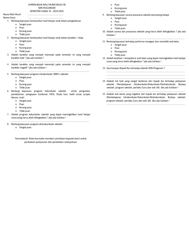 Umpan Balik Wali Murid Kelas 5B | PDF