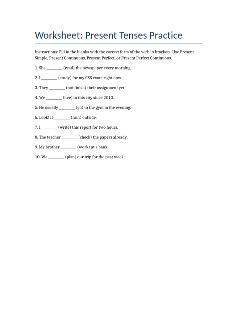Present Tenses Practice Worksheet | PDF
