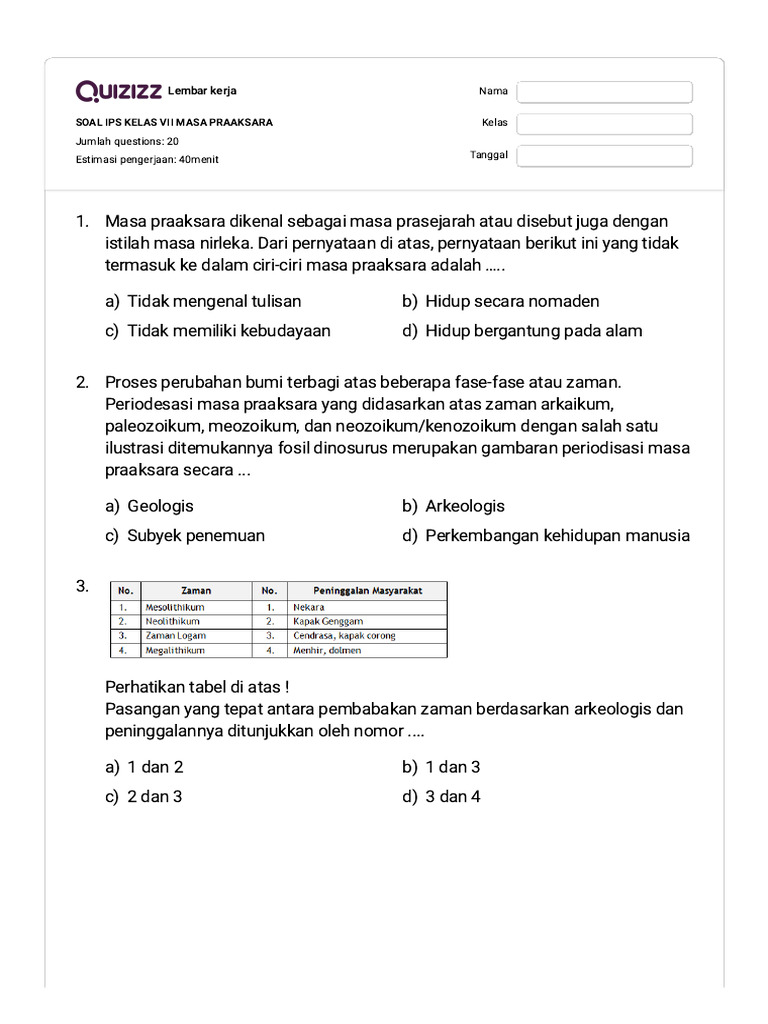 SOAL IPS KELAS VII MASA PRAAKSARA - Quizizz | PDF