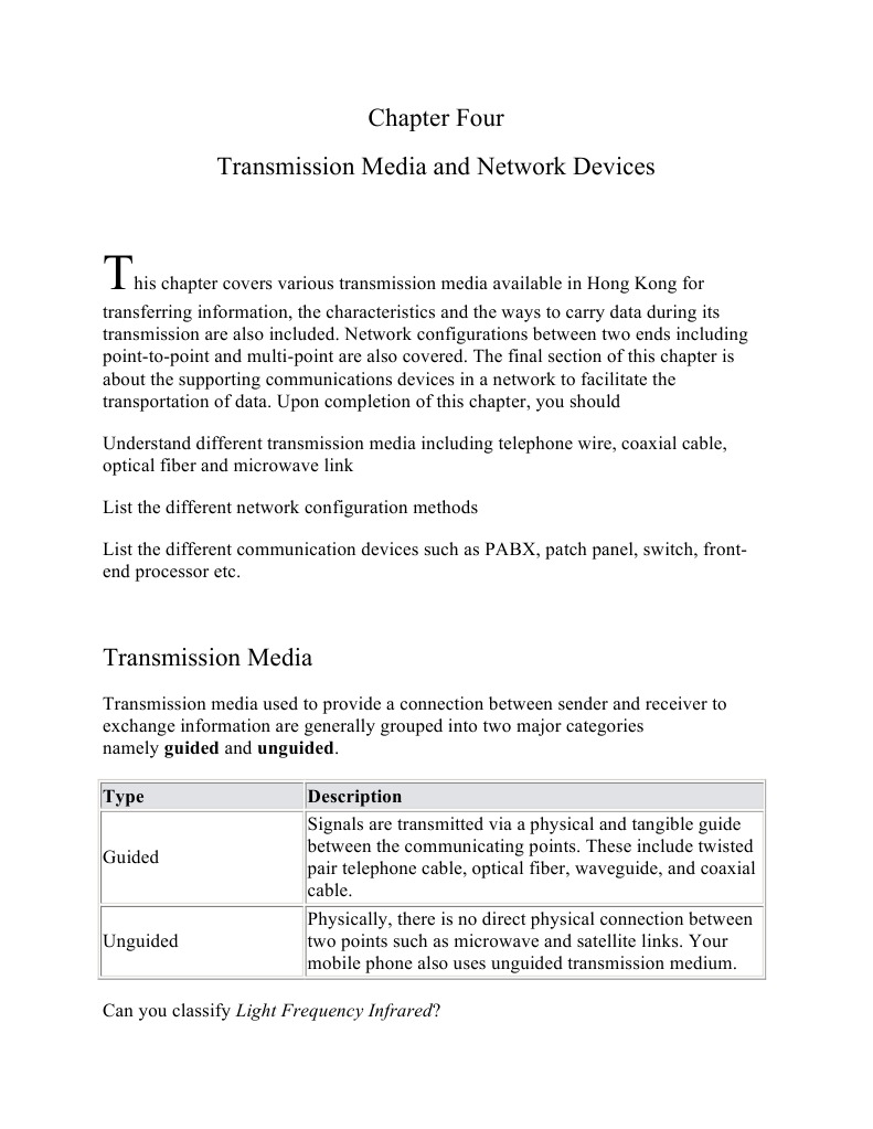 Chapter Four Transmission Media and Network Devices: Type Description ...