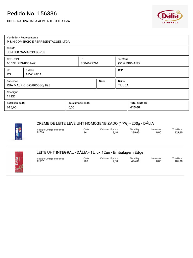 Pedido No. 156336: Creme de Leite Leve Uht Homogeneizado (17%) - 200G - Dália | PDF