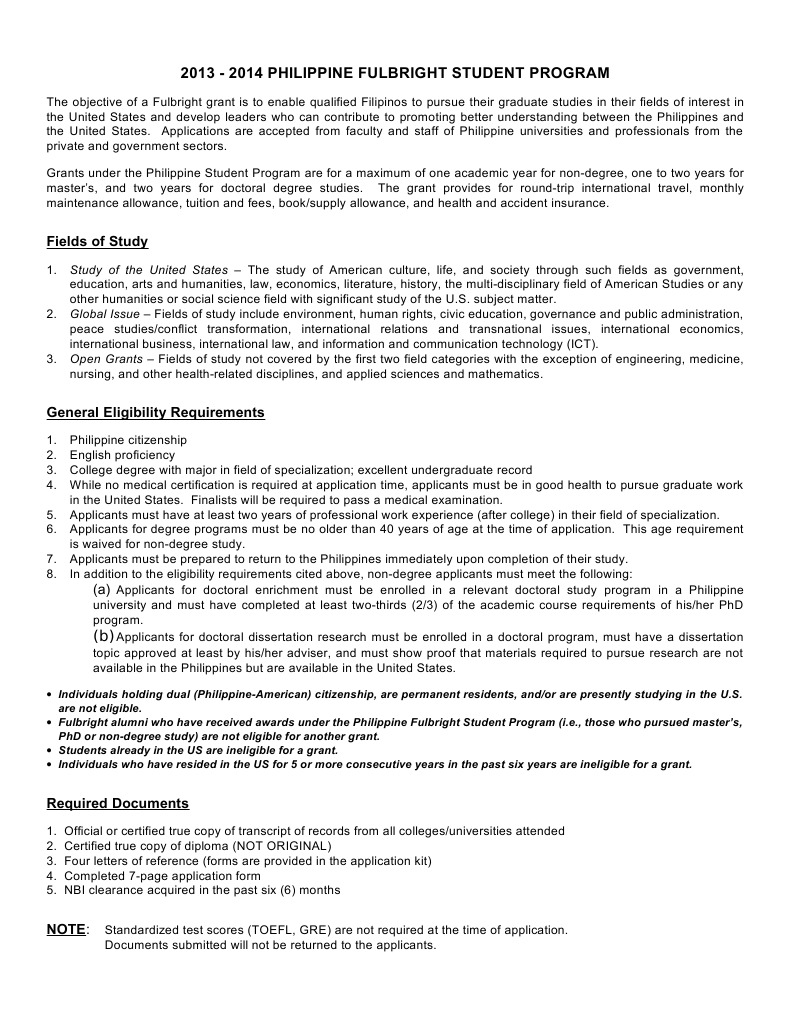 2013 - 2014 Philippine Fulbright Student Program: Fields of Study | PDF ...