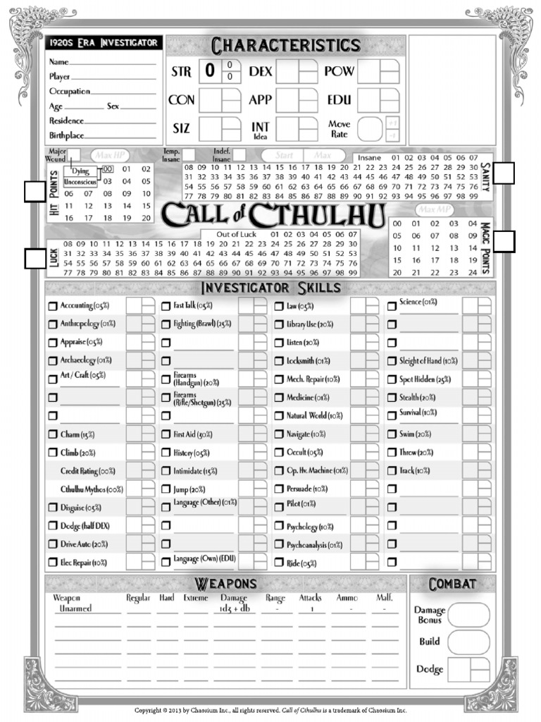 CoC - 7th Edition Character Sheet - Fillable | PDF