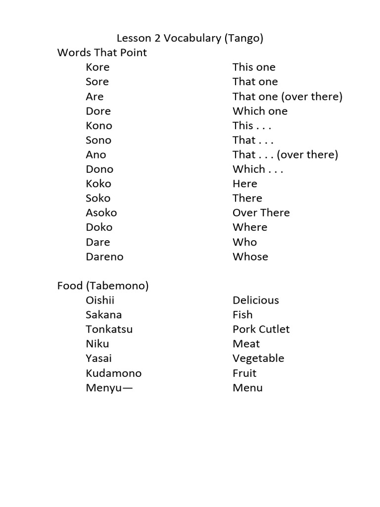 Lesson 2 Vocabulary romaji | PDF | Foods | Food Industry