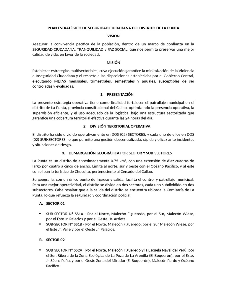 Plan Estratégico de Seguridad Ciudadana Del Distrito de La Punta | PDF