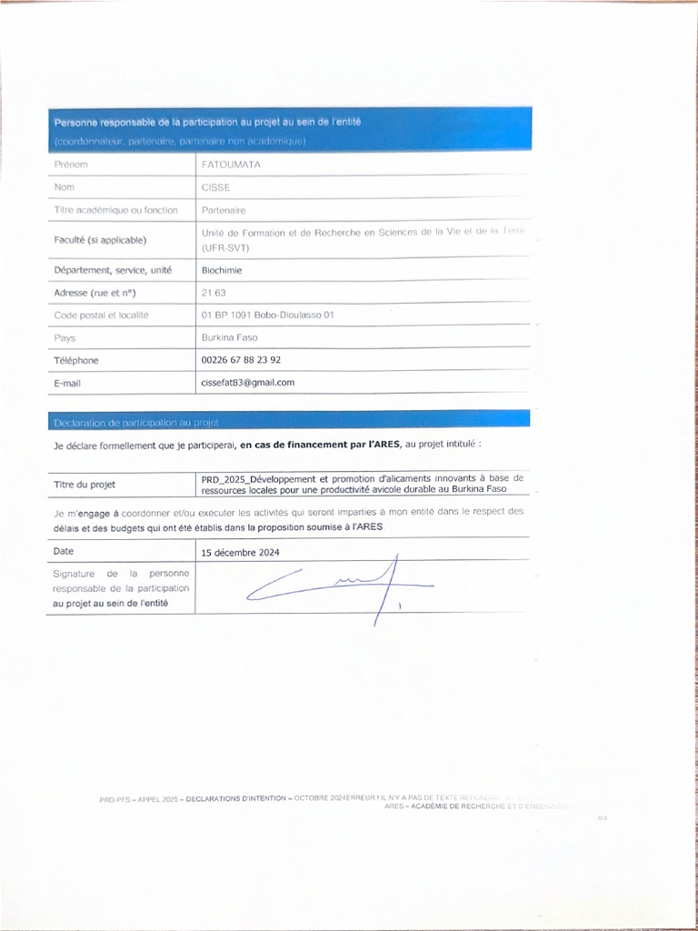 Personne Responsable de La Participation Au Projet Au Sein de L'entité ...