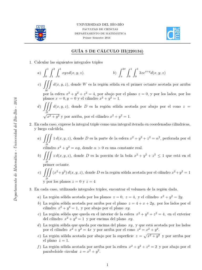 Calc - Multi - Guía 5 - 2016-01 | PDF | Integral | Esfera
