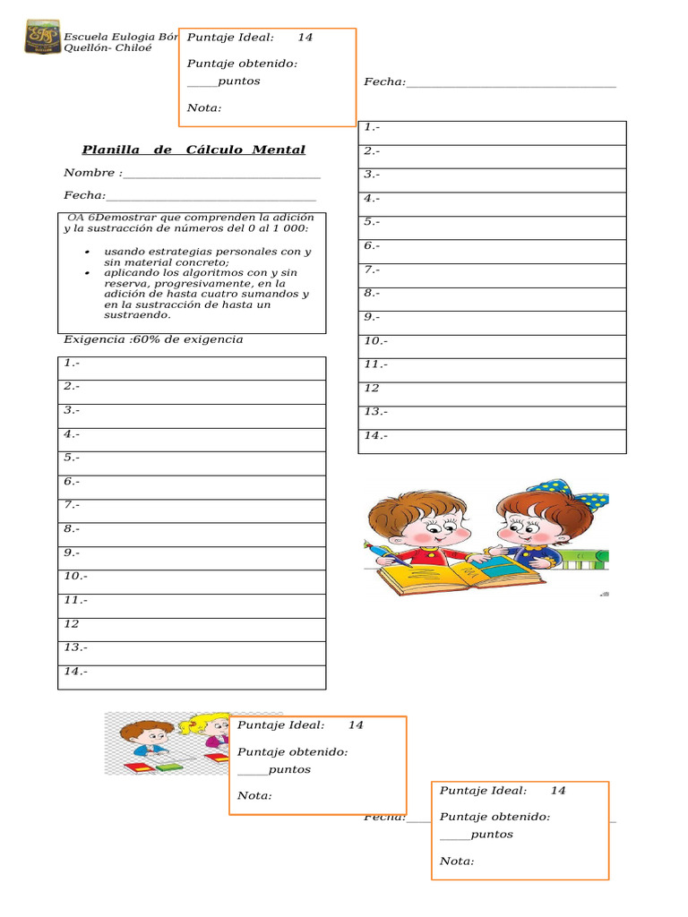 Planilla de Cálculo Mental | PDF | Sustracción | Aritmética