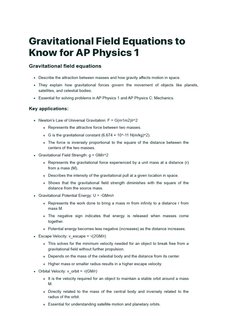 Gravitational Field Equations To Know For AP Physics 1 | PDF | Orbit ...