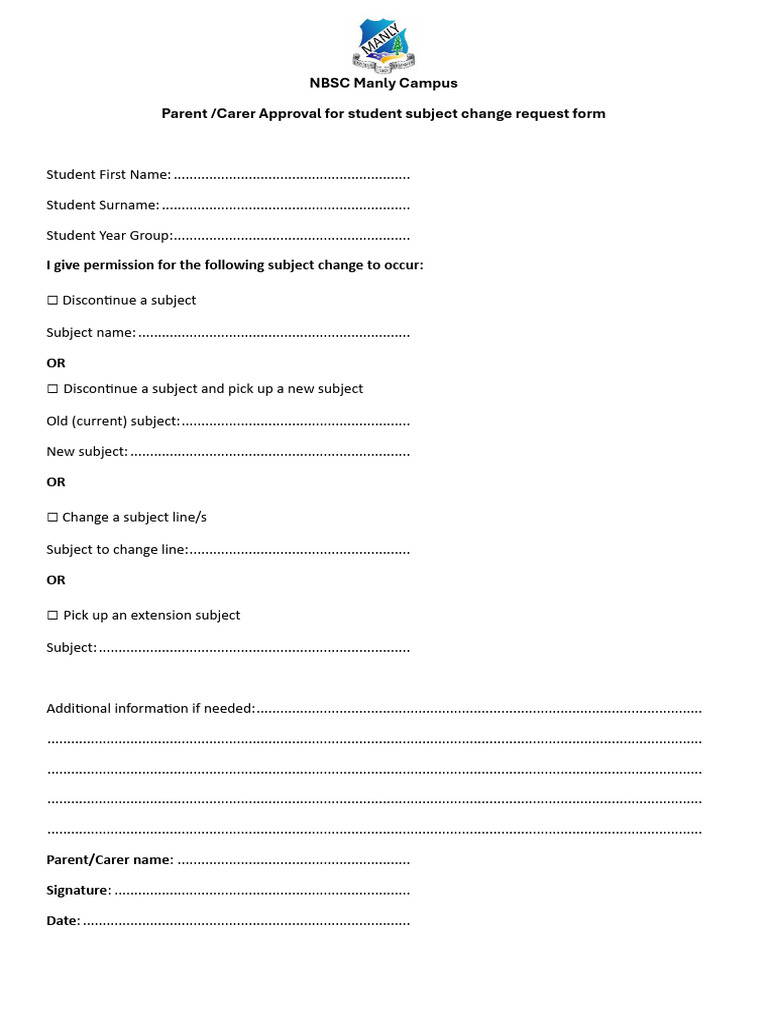 Parent Carer Approval For Student Subject Change Request Form | PDF