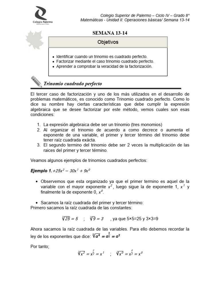 Matematicas - Ciclo IV Grado 8° - Semana 13-14 | PDF | Factorización | Raíz cuadrada