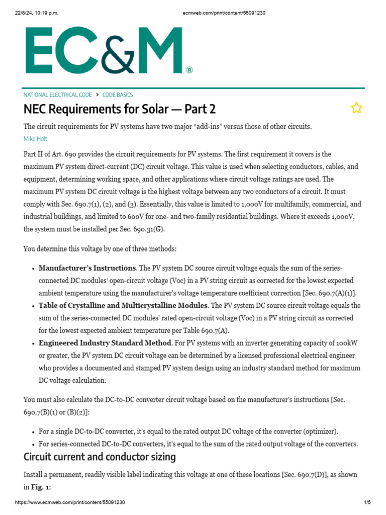 NEC 690: Solar Circuit Requirements | PDF | Photovoltaic System ...
