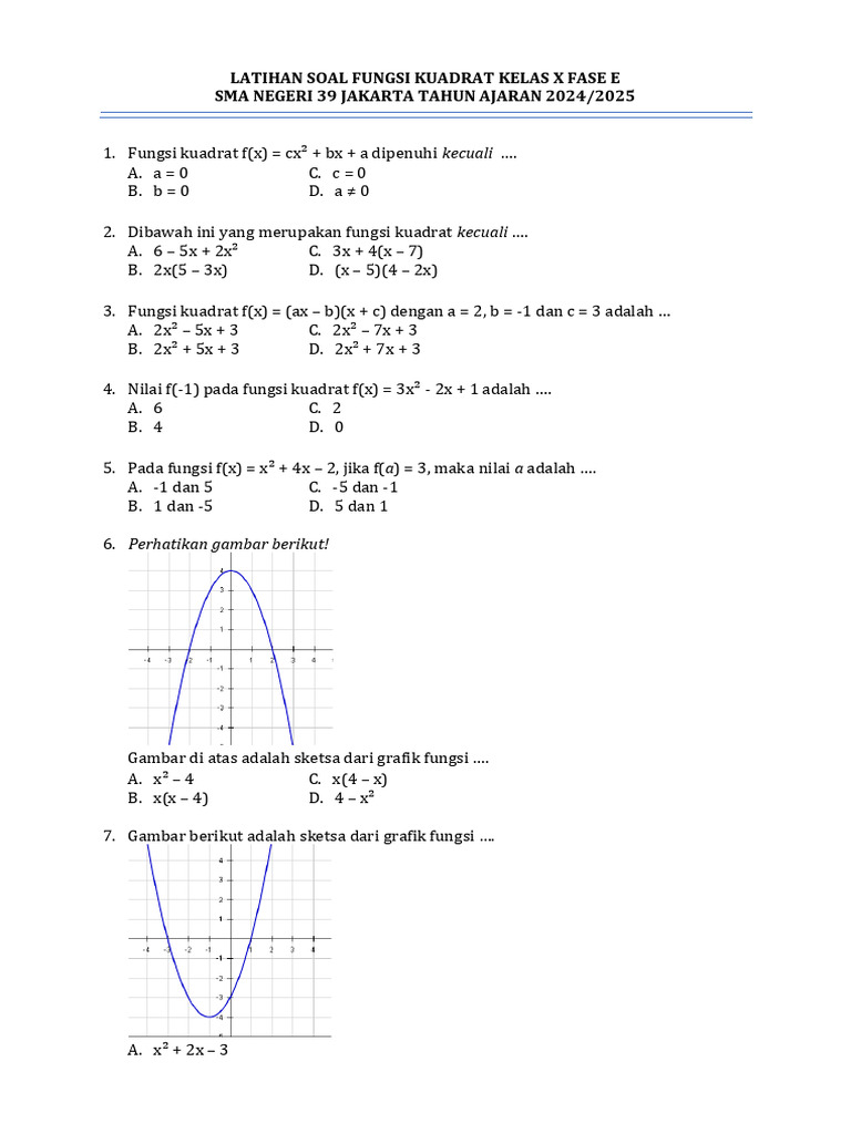 Latihan Soal Fungsi Kuadrat Kelas X Fase e | PDF