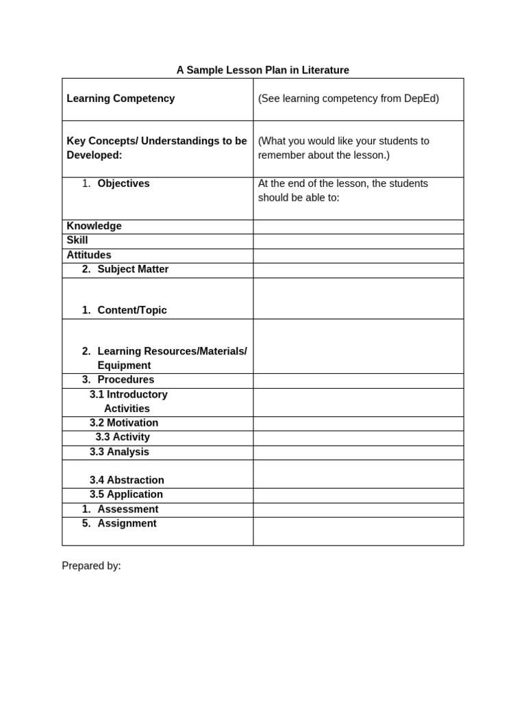 A Sample Lesson Plan in Literature | PDF