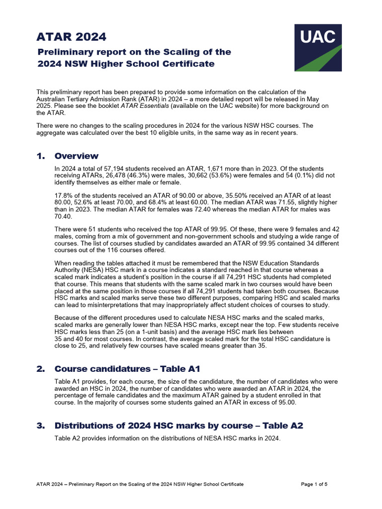 Preliminary Report On The Scaling of The HSC | PDF | Student Assessment ...