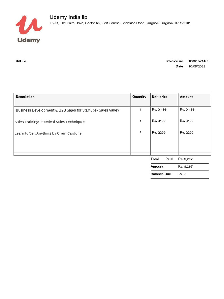 Udemy Course Invoice for Sales Training | PDF