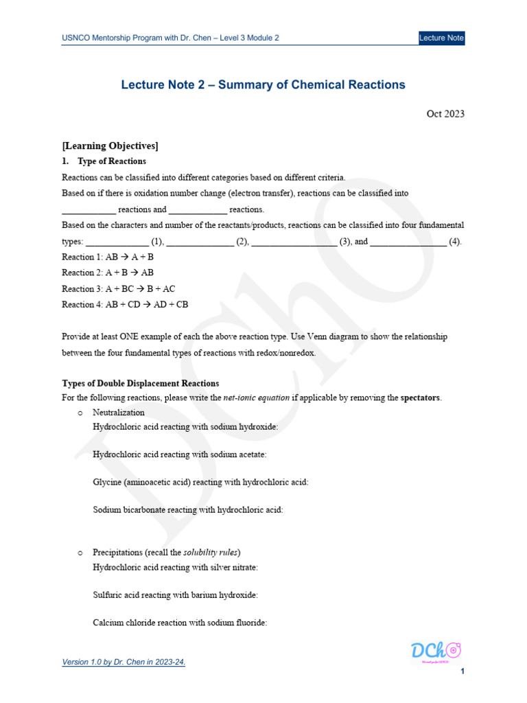 Lecture Note 2 - Summary of Chemical Reactions | PDF | Chemical Reactions | Acid