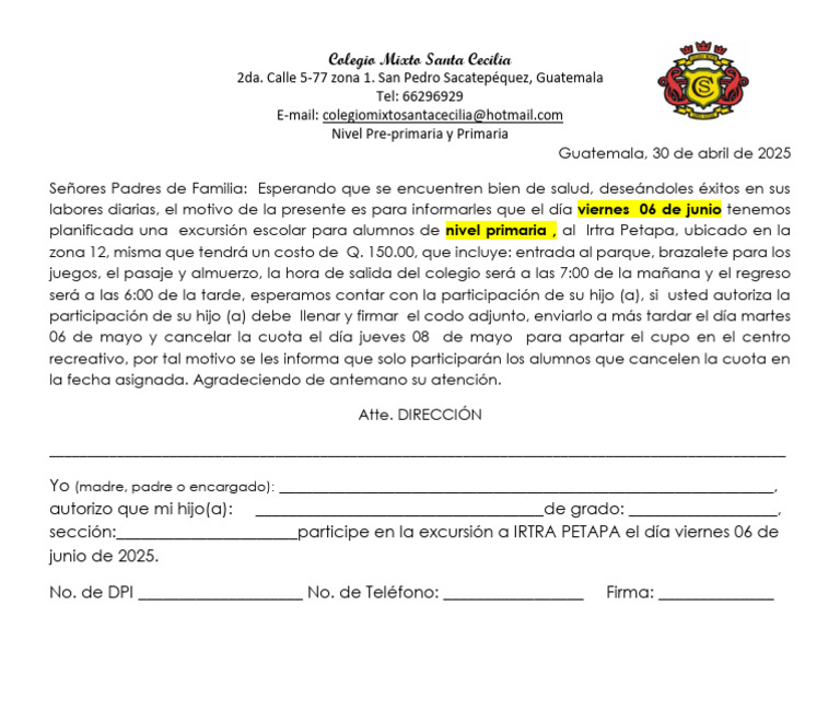 Circular - Excursión PRIMARIA 2025 | PDF