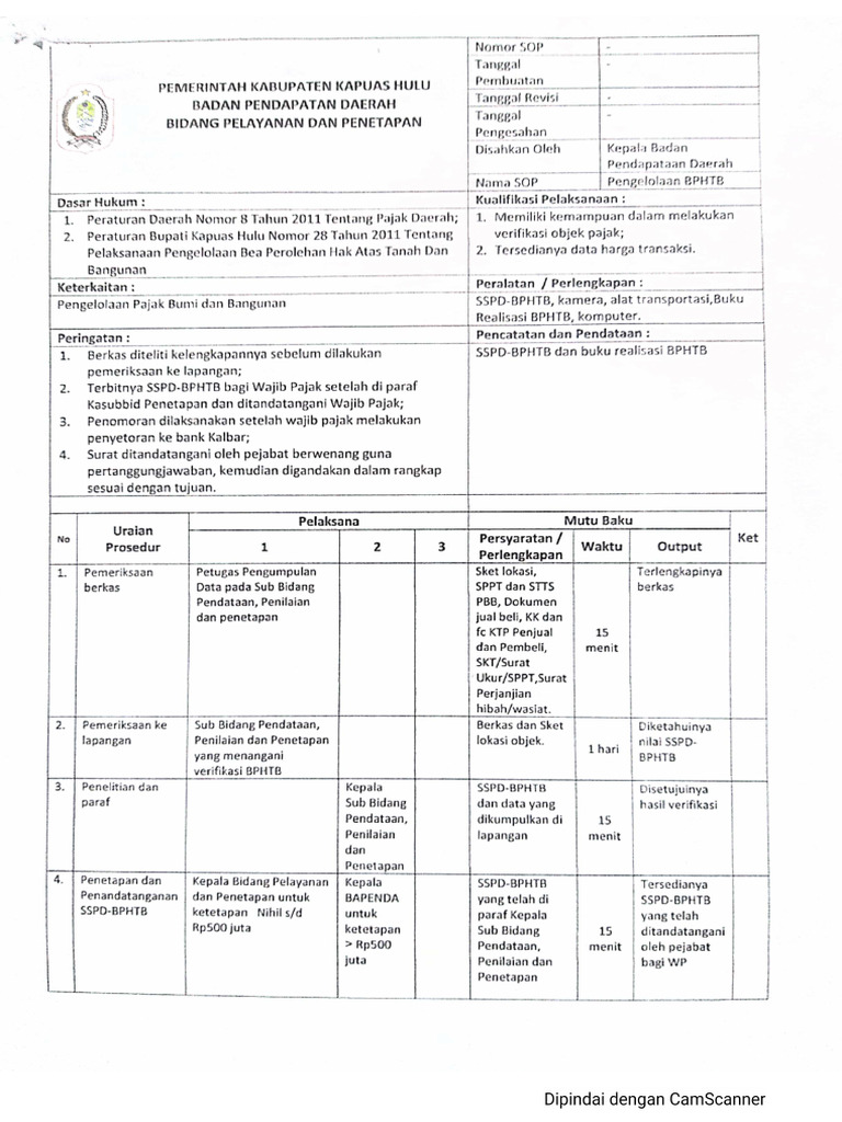 Sop Pengelolaan BPHTB Bidang Pelayanan Dan Penetapan Peraturan Daerah ...