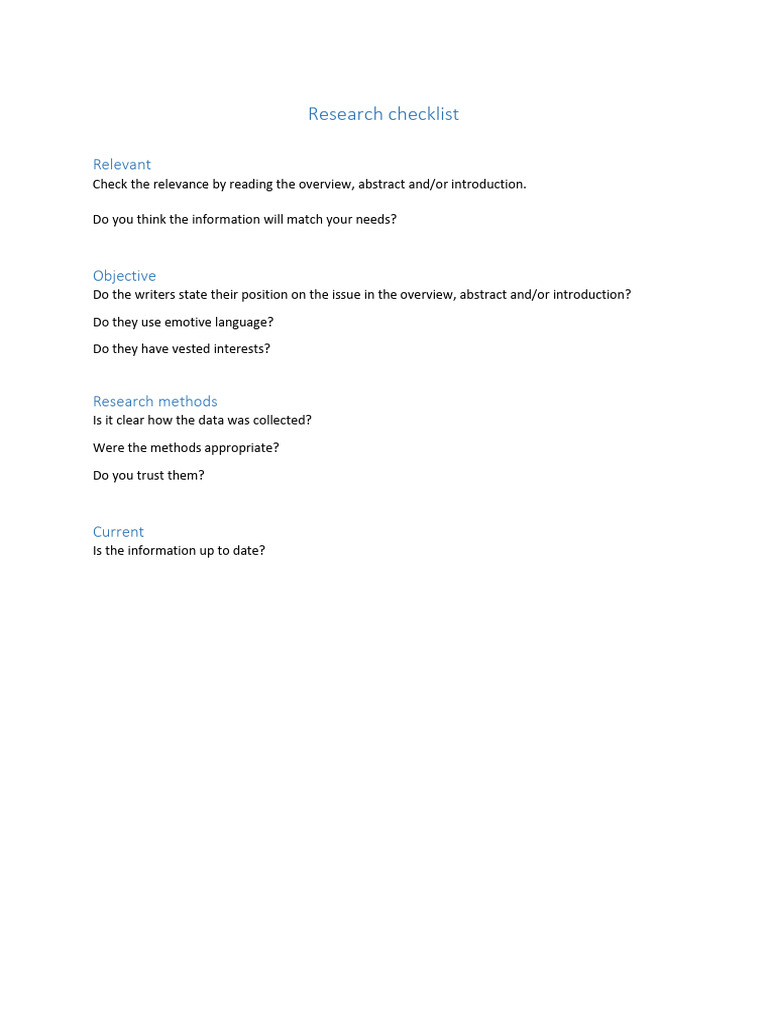 Research Checklist for Evaluating Sources | PDF