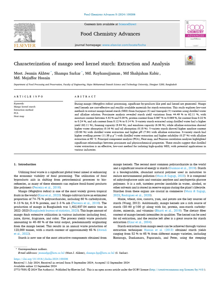 Characterization of Mango Seed Kernel Starch Extract 2024 Food ...
