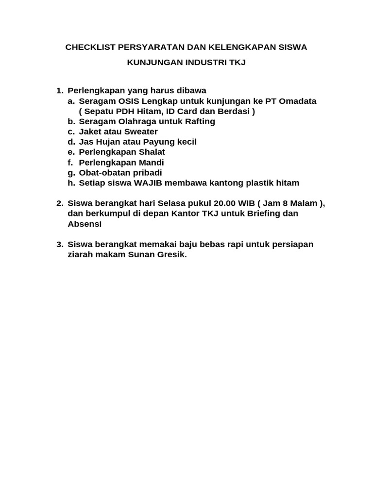 Checklist Persyaratan Dan Kelengkapan Siswa | PDF