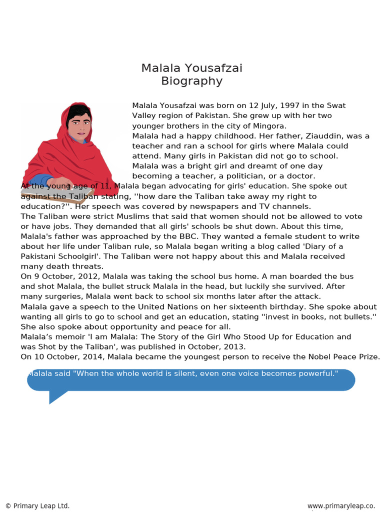 Biography Malala Yousafzai Reading Comprehension Exercises Writing ...