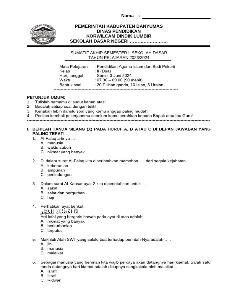 Soal Pai Sas 2 Kelas 2 Thn Pel 2023-2024 | PDF