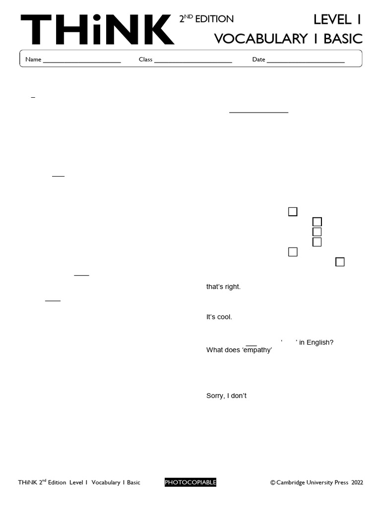 THiNK Level 1 Vocabulary & Grammar Guide | PDF | Cuisine | Foods