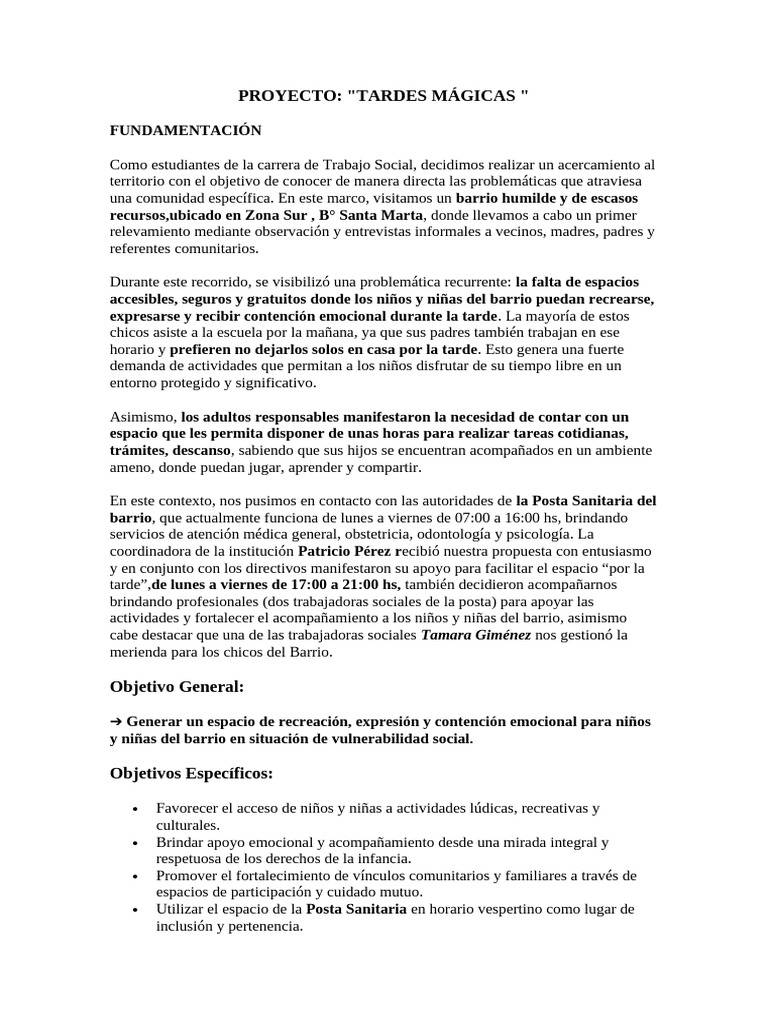 Práctica Proyecto Ficticio Tarde Magicas | PDF | Trabajo Social