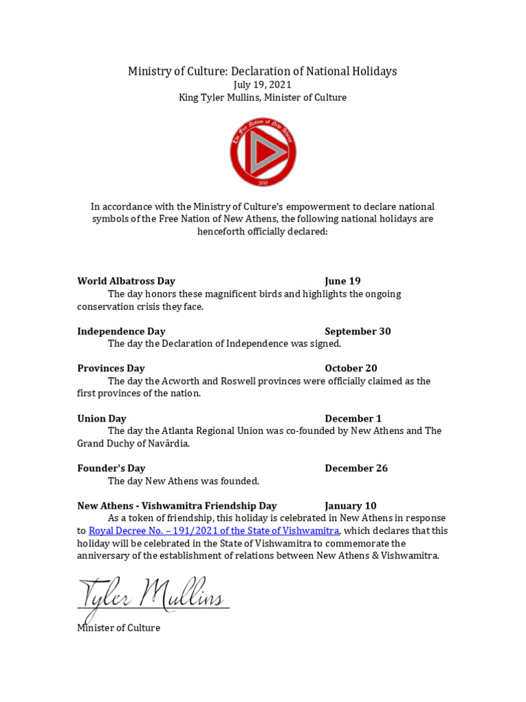 2021-07-19 Ministry of Culture - Declaration of National Holidays | PDF