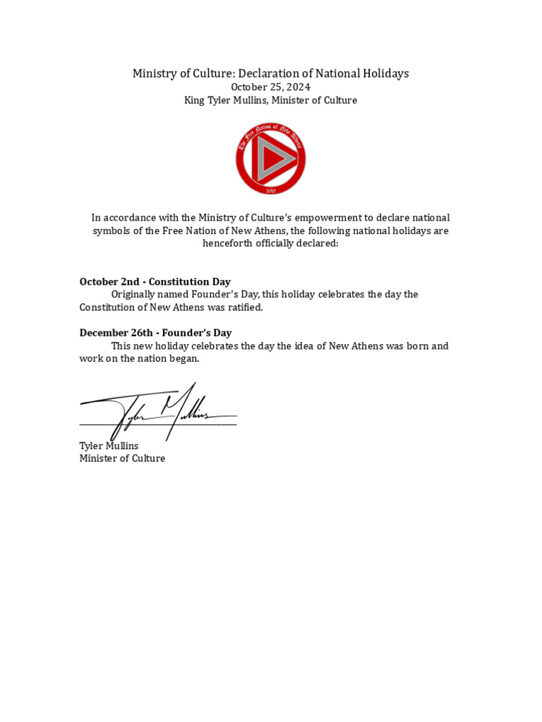 2024-10-25 Ministry of Culture - Declaration of National Holidays | PDF