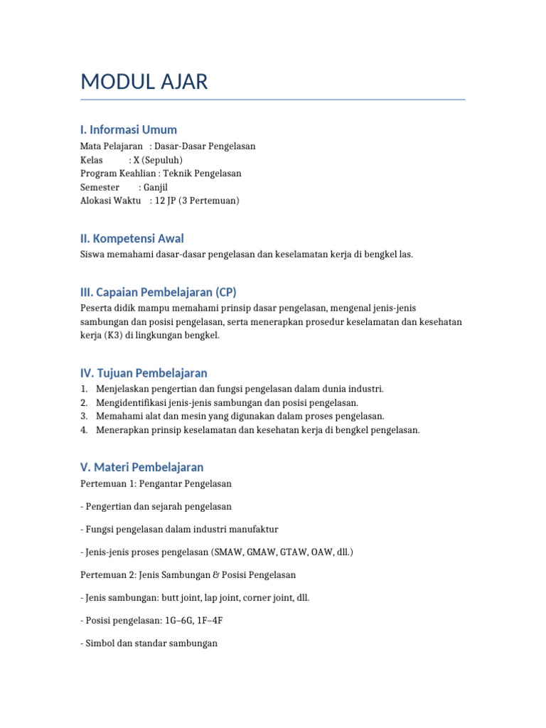 Modul Ajar Dasar Pengelasan Kelas X | PDF