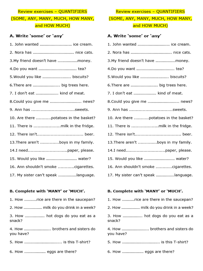 Quantifiers Exercises: Some, Any, Many, Much | PDF | Western Cuisine ...