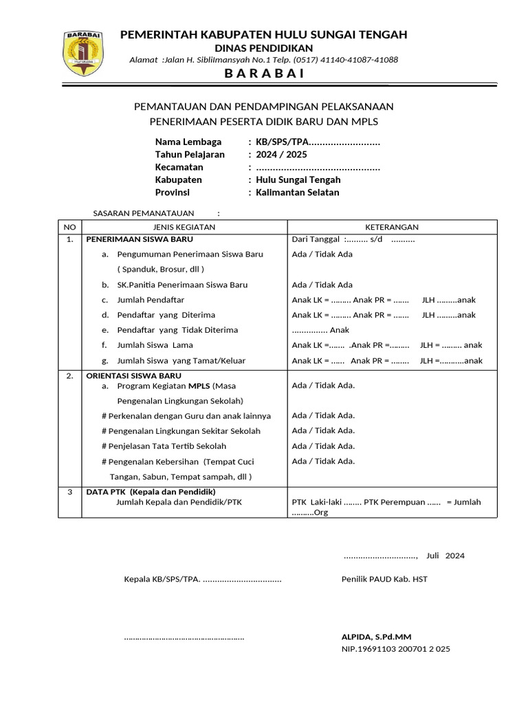 Instrumen PPDB KB, SPS Dan Tpa 2024 | PDF