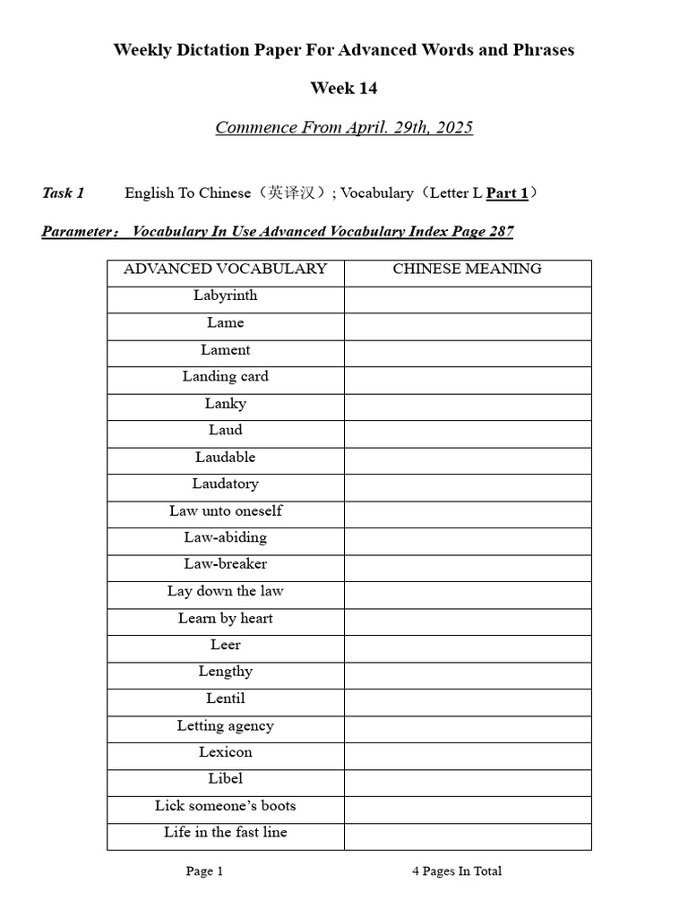 (Week 14 From April 29th) Weekly Dictation Paper For Advanced Words and ...
