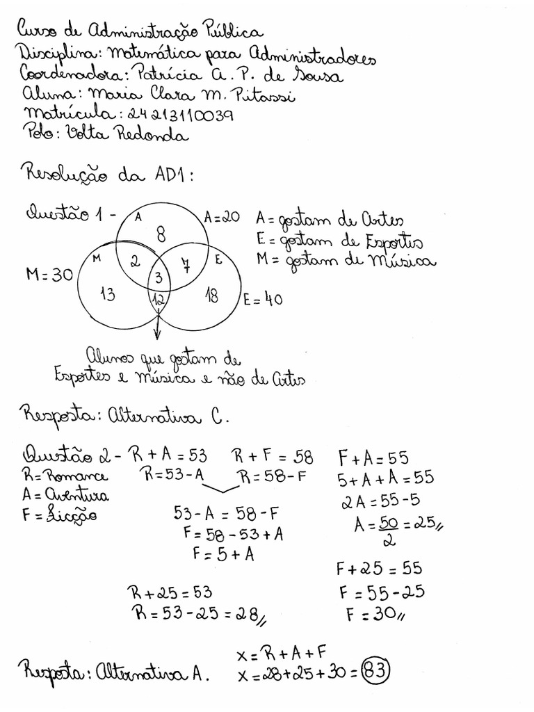 Matemática para Administradores AD1 | PDF